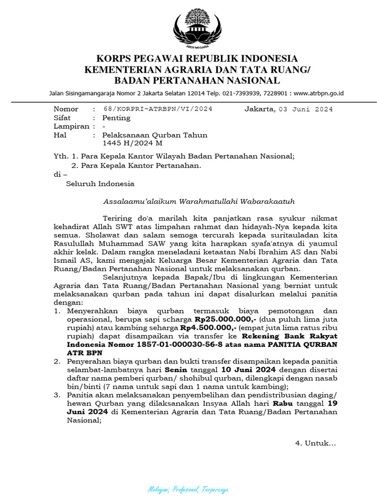 Pelaksanaan Qurban Tahun 1445 H2024 M | PDF