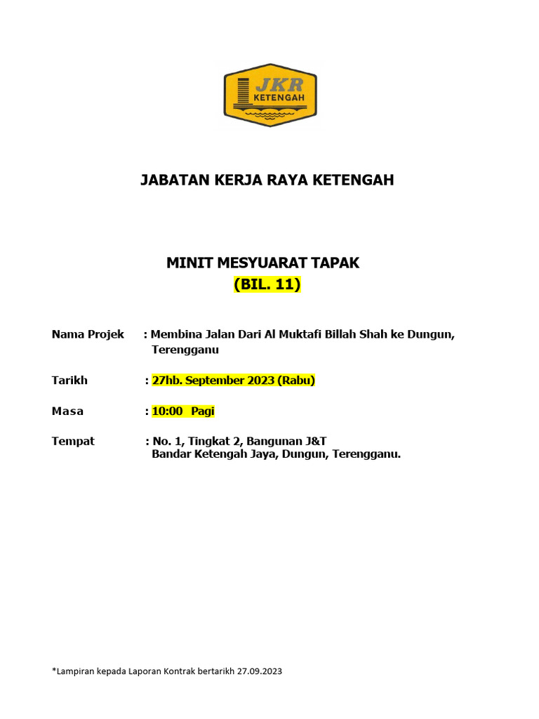 Draft Minit Mesyuarat Tapak No.11 | PDF
