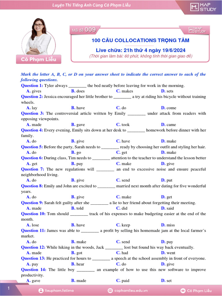 PART 1 - 100 CÂU COLLOCATIONS - Live CH A 21h TH 4 Ngày 19.6.2024 | PDF