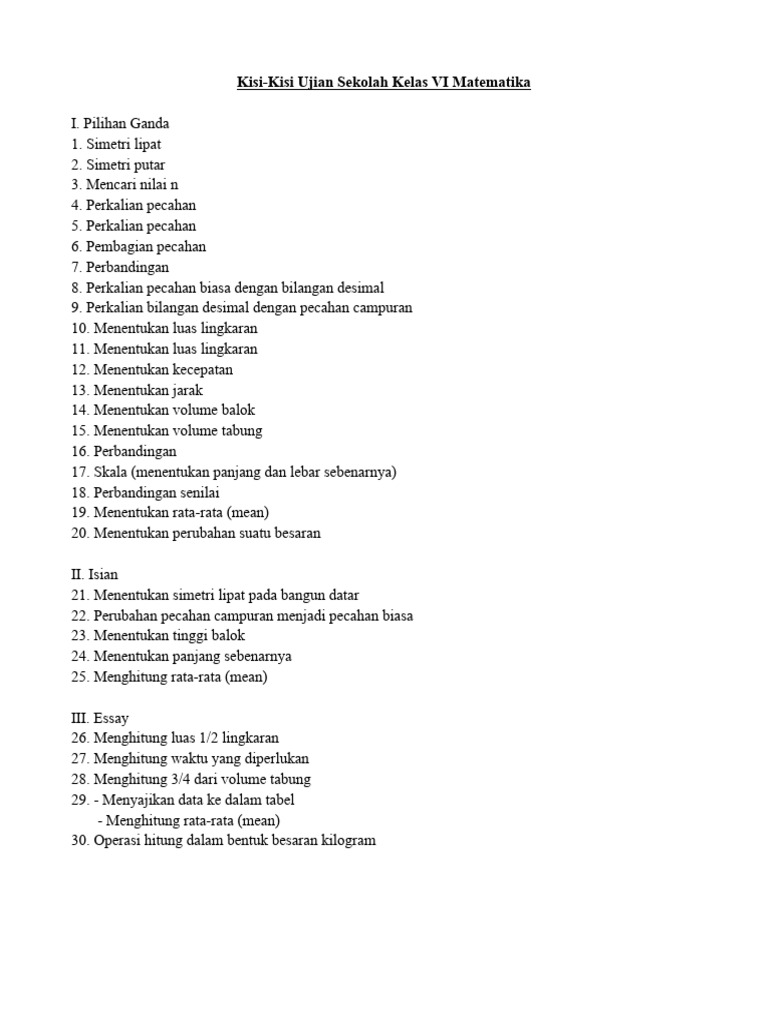 Kisi Kisi Ujian Matematika | PDF | Metode & Bahan Ajar