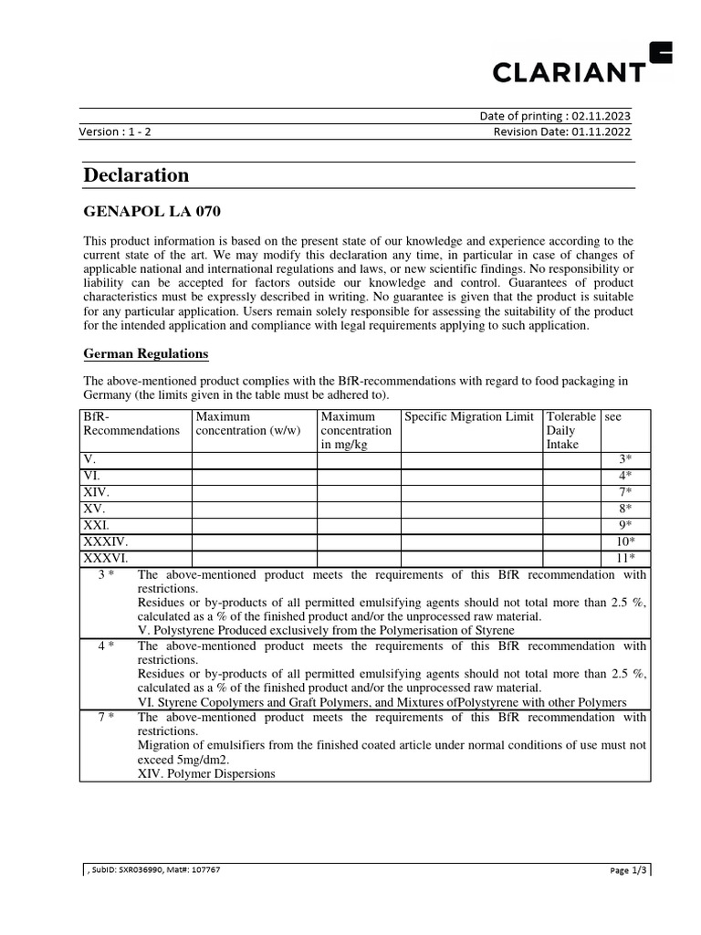 Clariant SDS GENAPOL LA 070 World English | PDF | Emulsion | Polymers