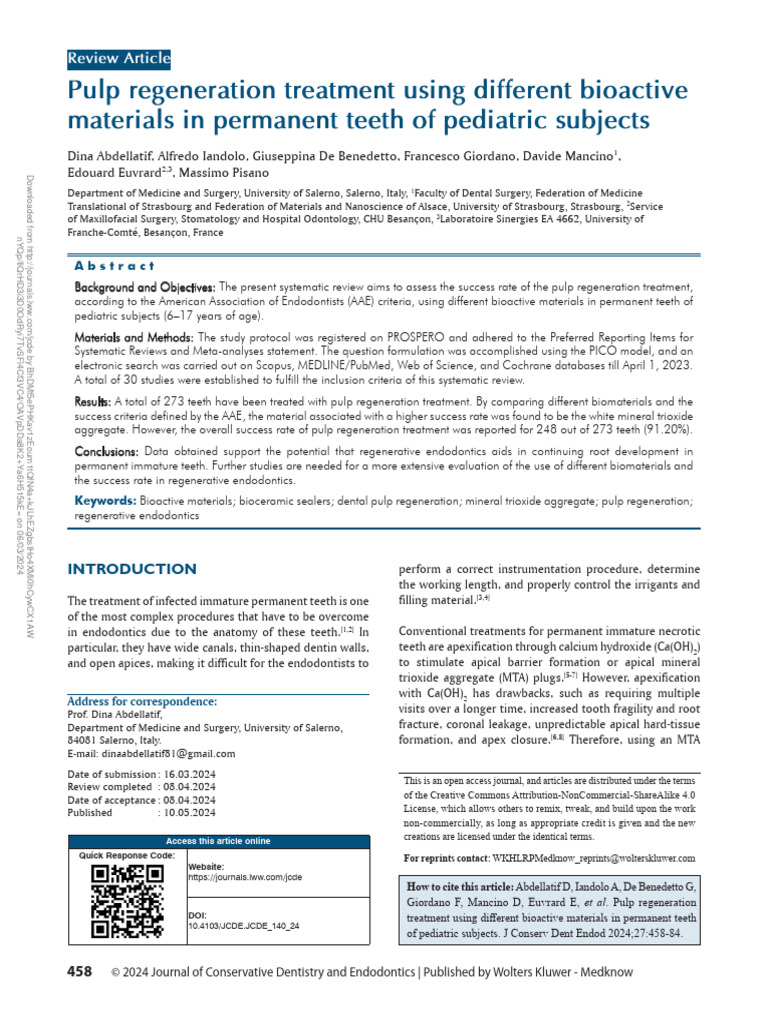 Pulp Regeneration Treatment Using Different.3 | PDF | Tooth | Dentistry Branches