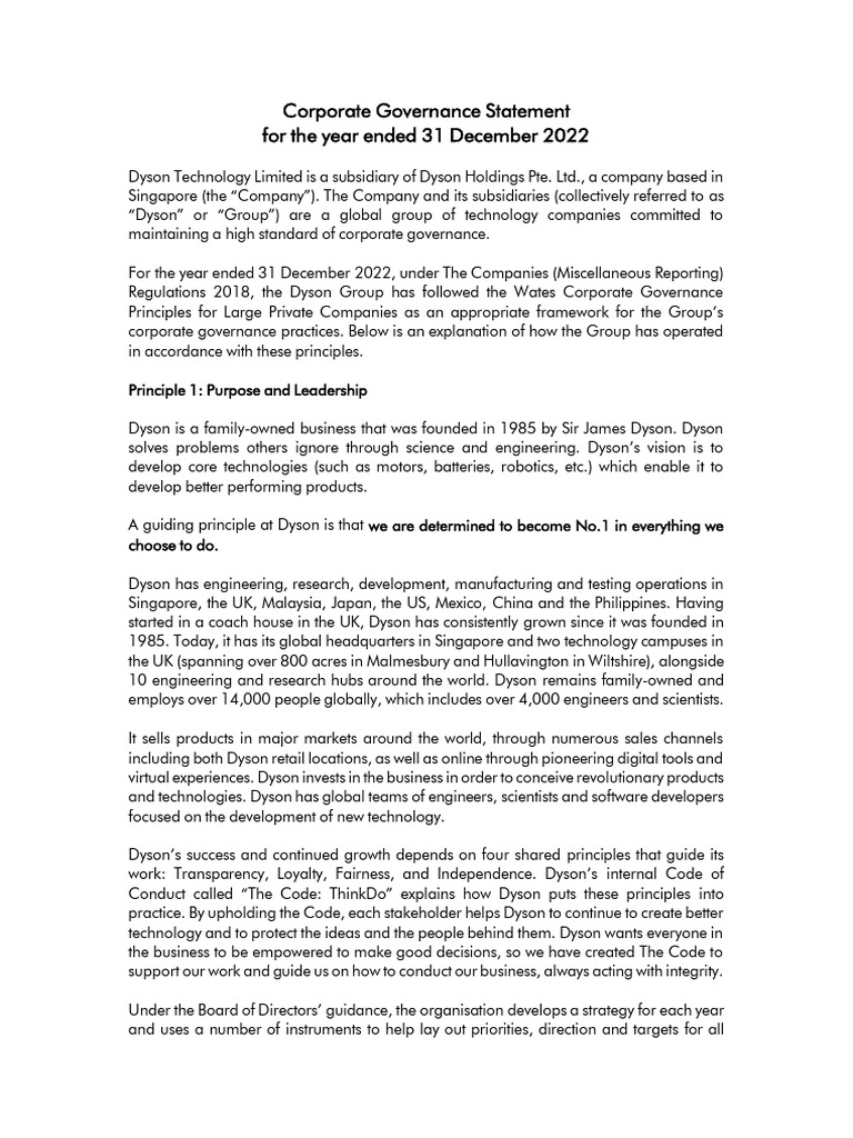 FY22 Dyson Corporate Governance Statement - Final | PDF | Internal ...