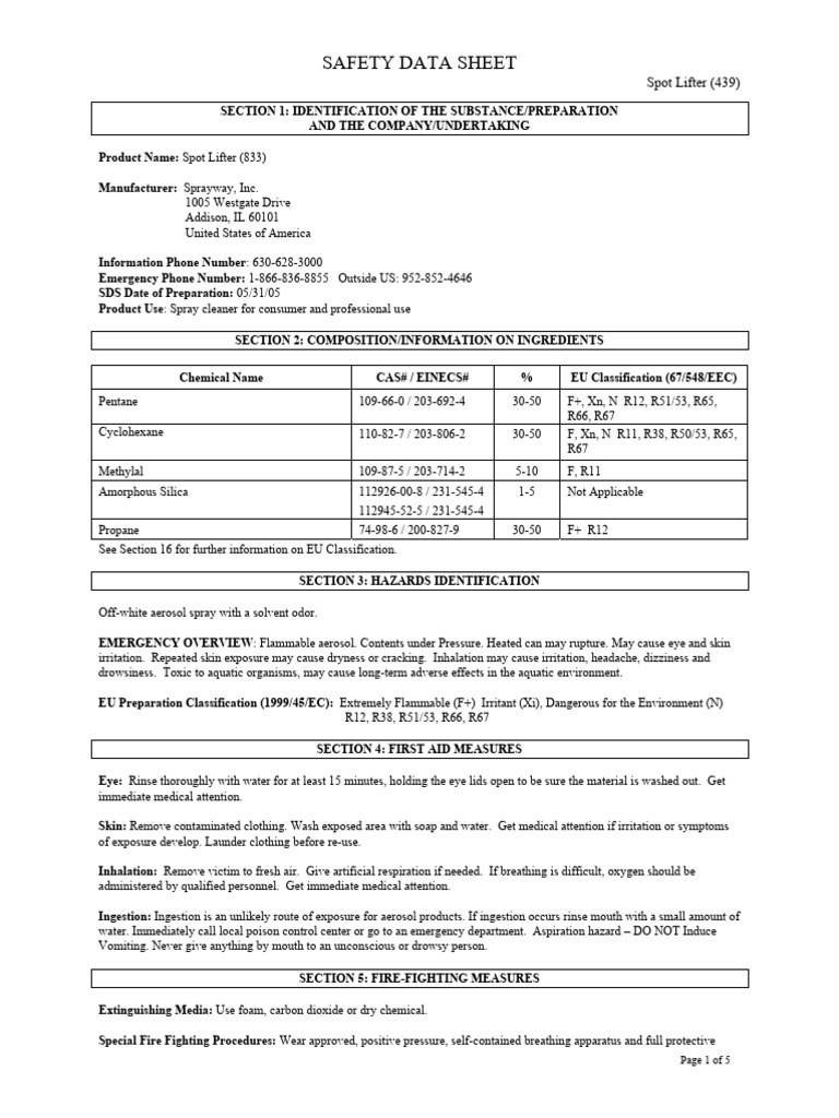 Spot Lifter 833 Safety Data Sheet | PDF | Firefighting | Personal ...