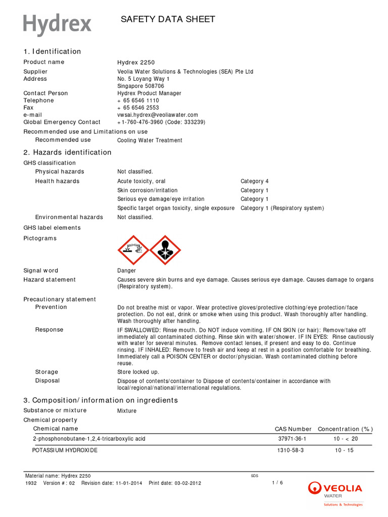 Hydrex 2250 Safety Guide | PDF | Dangerous Goods | Toxicity