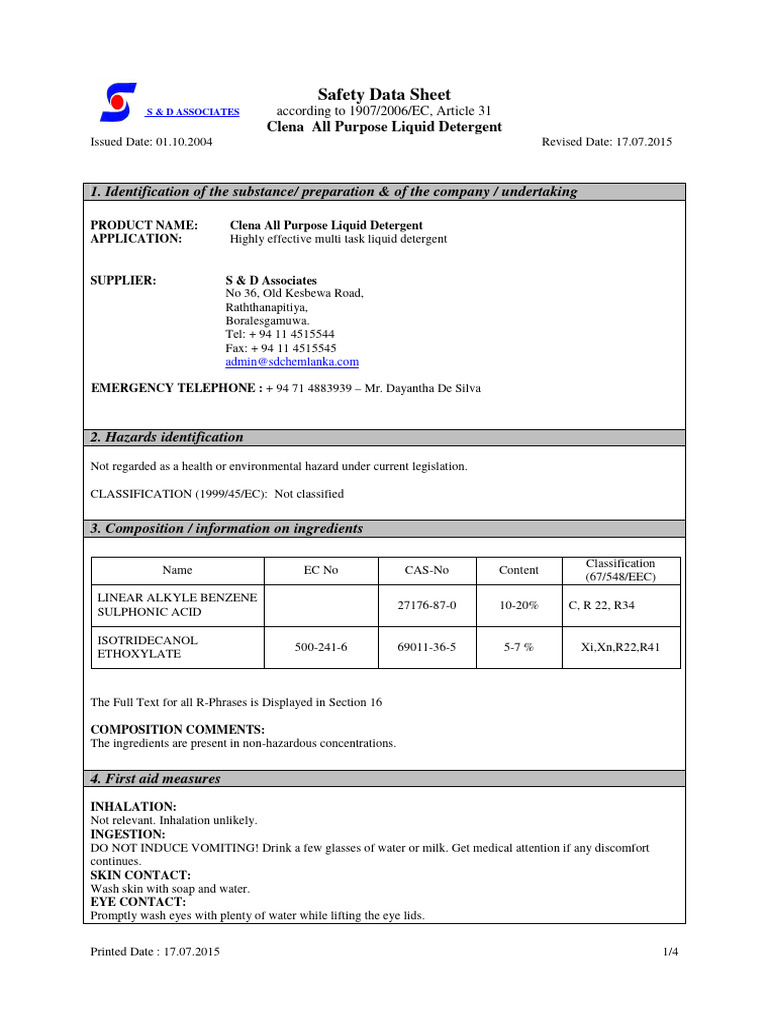 Clena Detergent Safety Data Sheet | PDF | Dangerous Goods | Waste ...