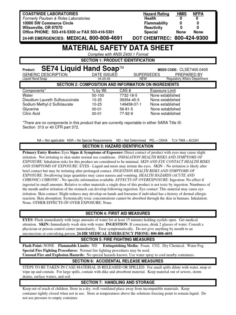 Liquid Hand Soap MSDS | Download Free PDF | Toxicity | Water