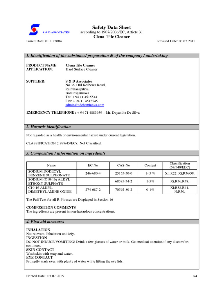 Clena Tile Cleaner MSDS | PDF | Personal Protective Equipment | Waste Management