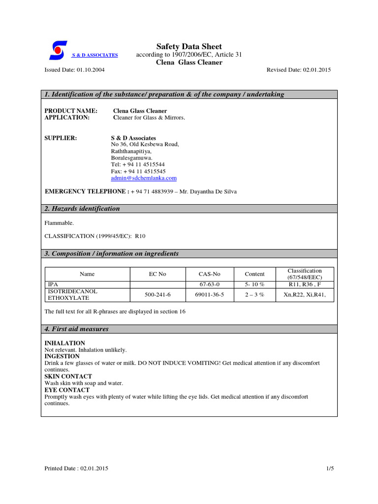 22 Clena Glass Cleaner MSDS | PDF | Personal Protective Equipment | Water