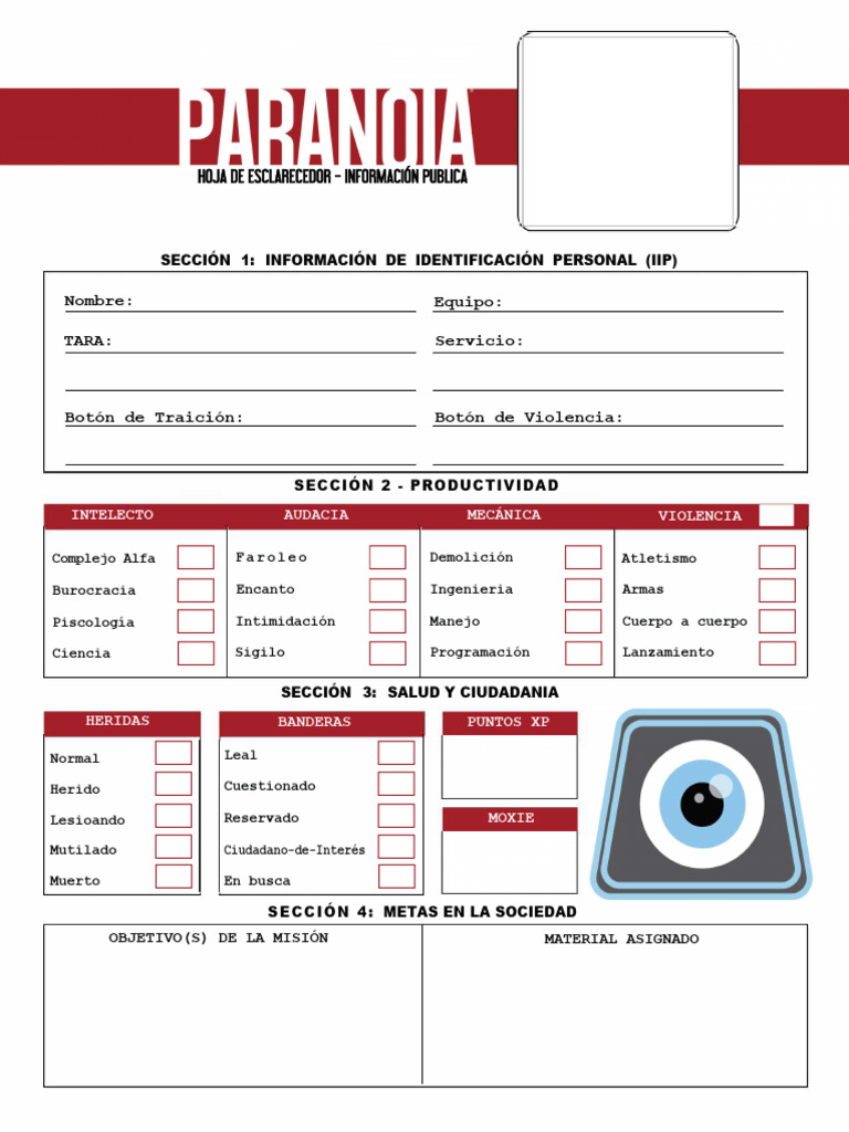 Paranoia PERFECT EDITION - Hoja de Personaje-1 | PDF