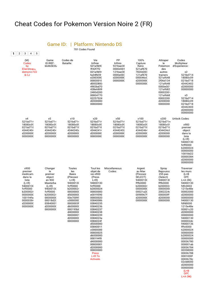 Cheat Codes For Pokemon Version Noire 2 (FR) On Nintendo DS - Codejunkies | PDF | Nintendo | Pokémon