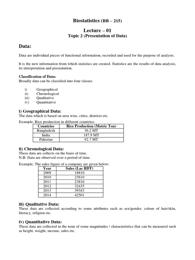 Lecture - 01 Presentation of Data | PDF | Data | Statistics