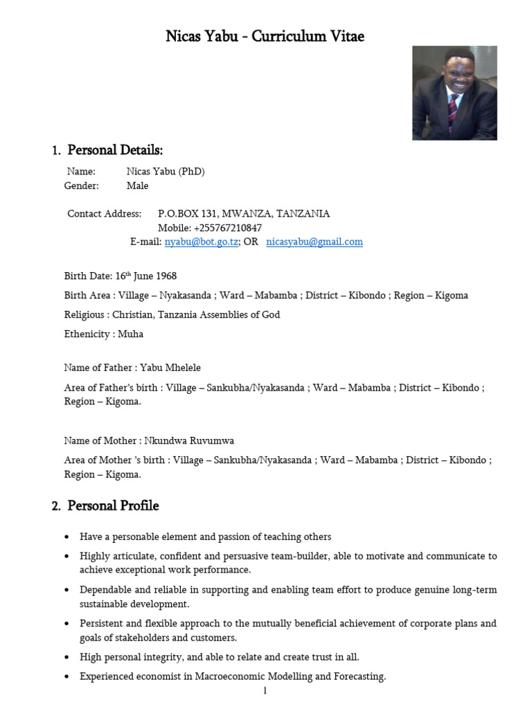 CV Dr. Nicas Yabu | PDF | Tanzania | Macroeconomics