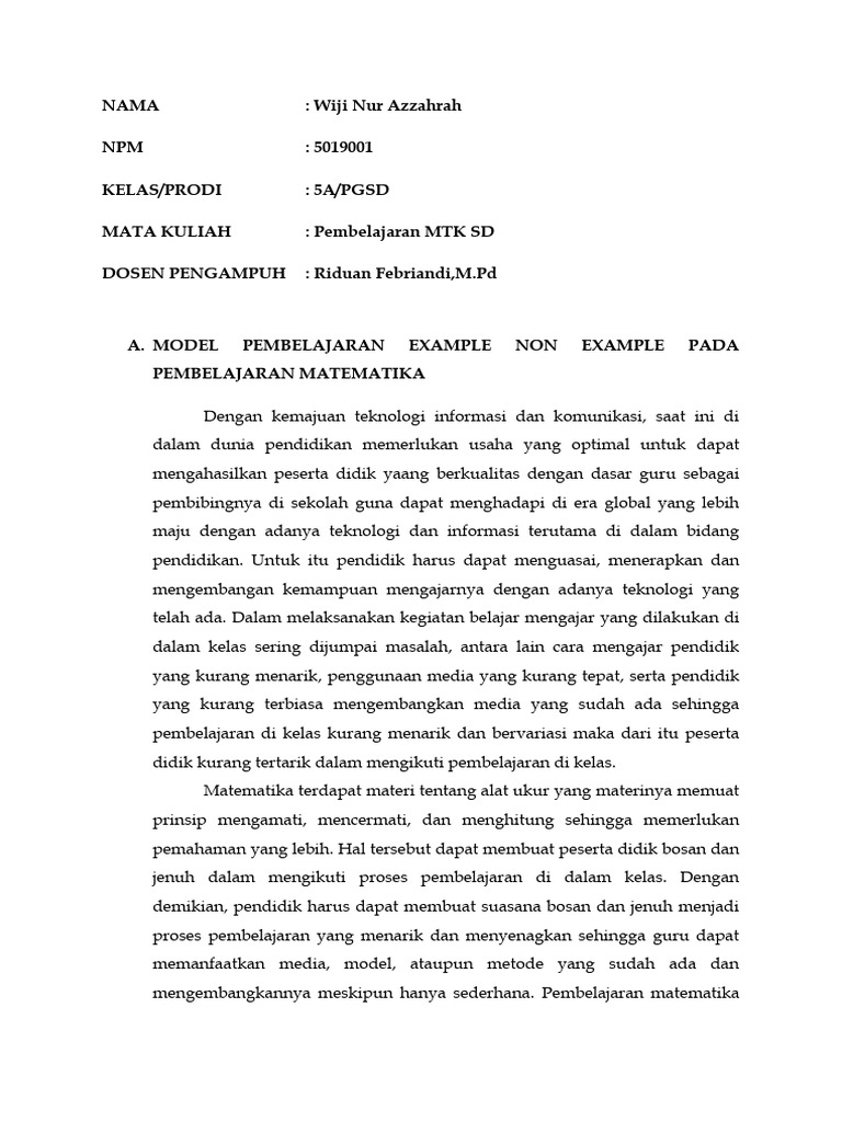 Wiji Nur Azzahrah 5a (Pembelajaran MTK SD) | PDF
