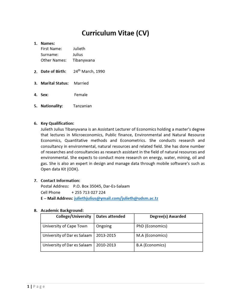 Julieth Tibanywana 2022 CV | PDF | Tanzania | Economies
