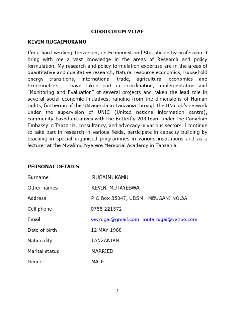 Curriculum Vitae of Kevin Rugaimukamu | PDF | International Labour ...