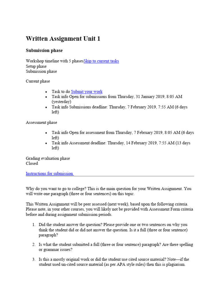 Written Assignment Unit 1 | PDF | Reading Comprehension | English As A Second Or Foreign Language