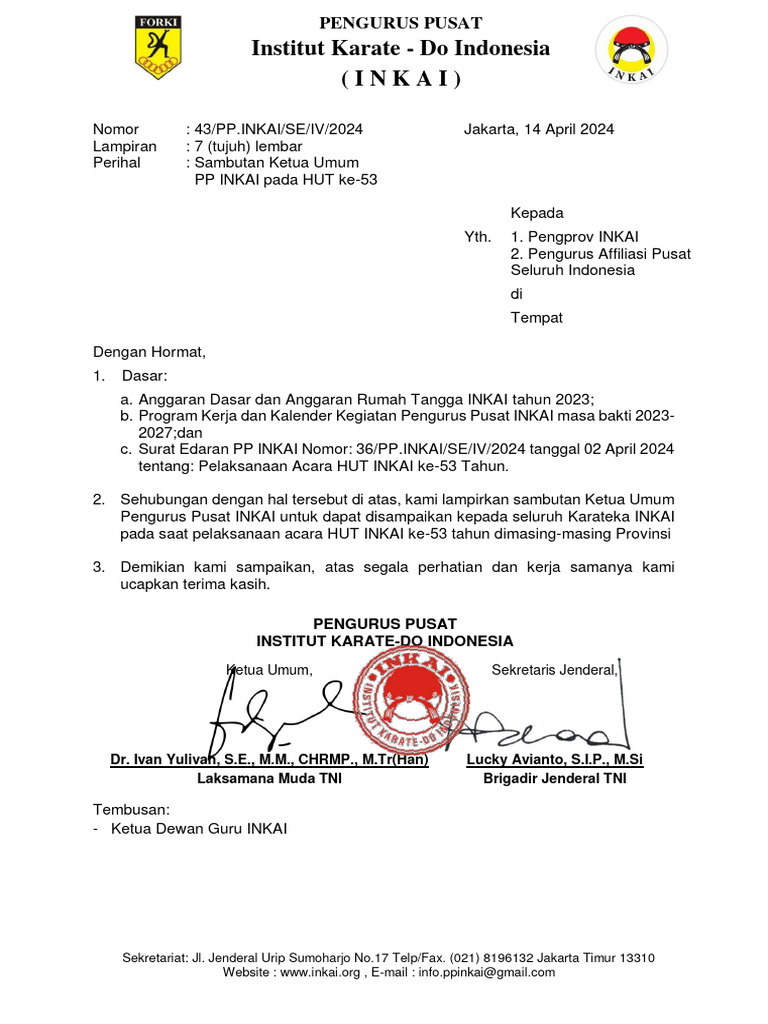 43 Surat Edaran Sambutan Ketua Umum PP INKAI-1 | PDF