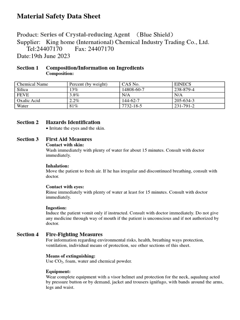 Blue Shield MSDS | PDF | Water | Hygiene