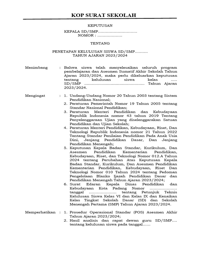 SK Penetapan Kelulusan SD SMP - 2024 | PDF