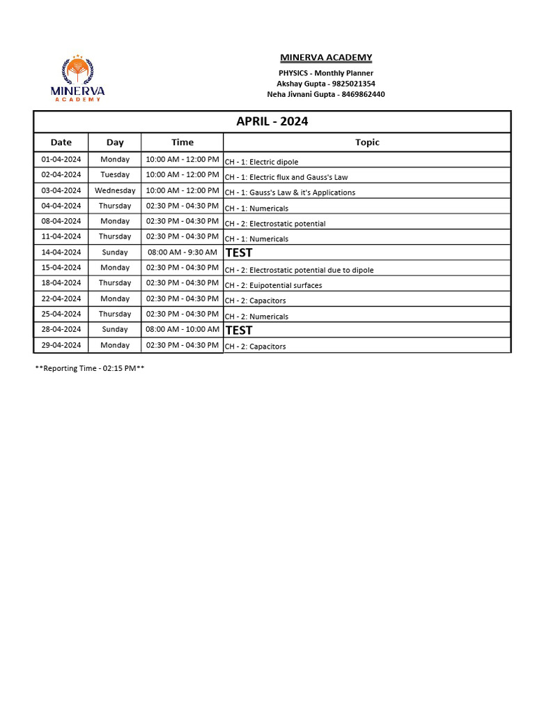 April 2024 Physics Class Schedule | PDF