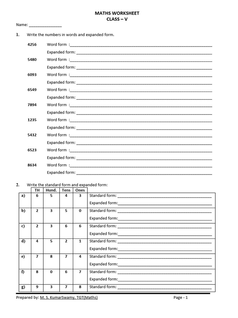 Maths Class v Worksheet for Fa1 Revision 1 | Download Free PDF ...