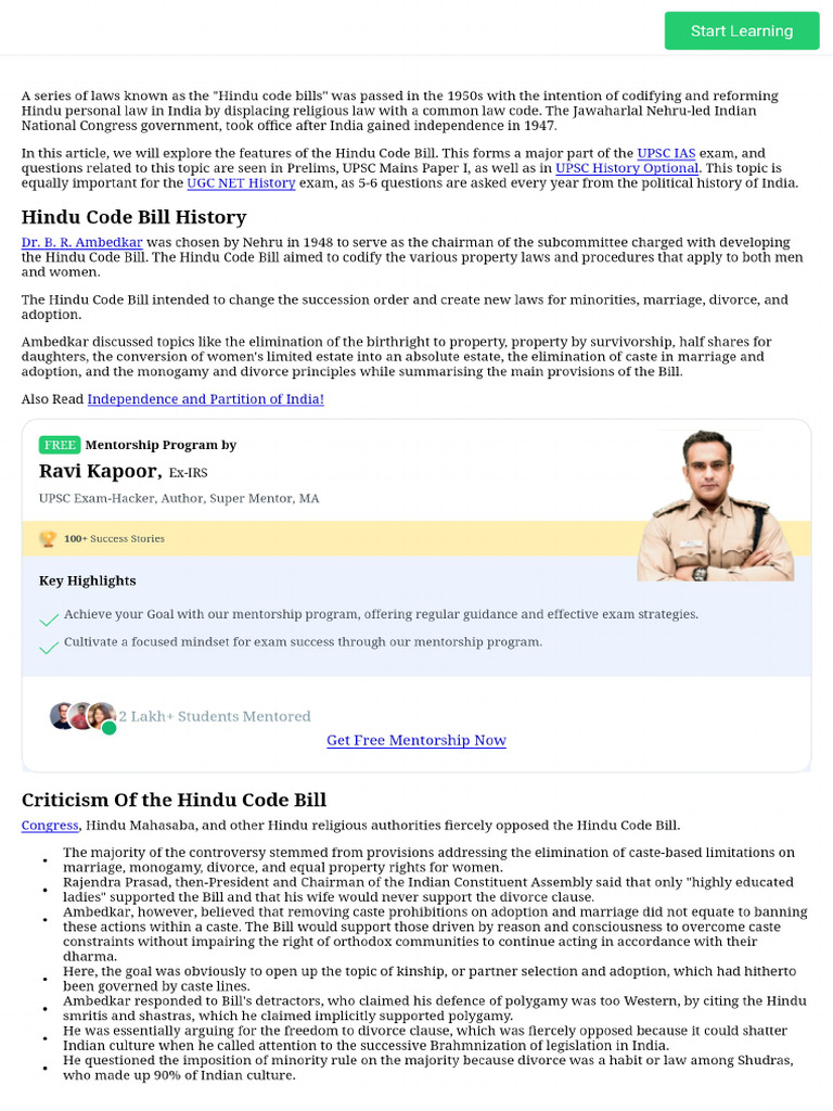 Hindu Code Bill_ Role Of Ambedkar And Other Important Notes! (1) | PDF