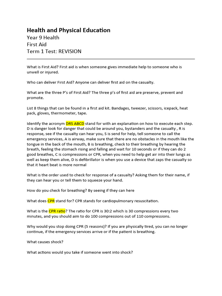 T1 First Aid Revision Questions | PDF | First Aid | Cardiopulmonary ...
