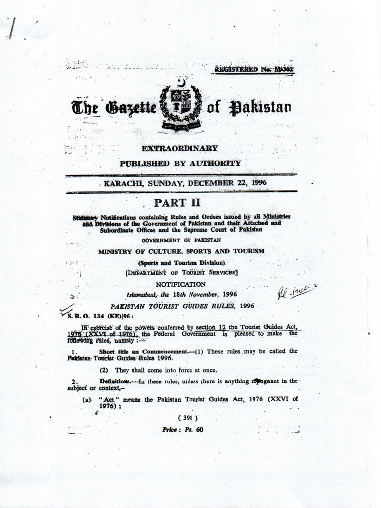 Pakistan Tourist Guides Rules 1996 With Amendments | PDF