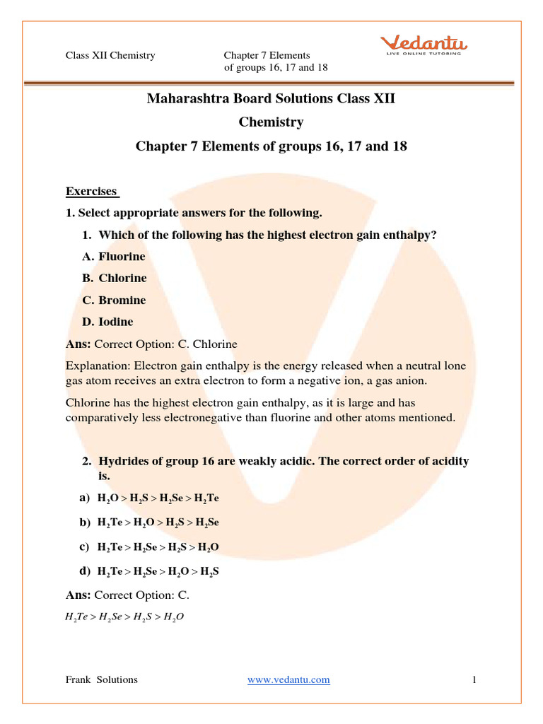 Msbshse Solutions Class 12 Chemistry Chapter 7 Elements of Groups 16 17 and 18 | PDF | Chlorine ...