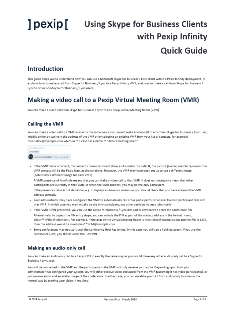 Pexip Infinity Skype For Business Quickguide V34.a | PDF ...