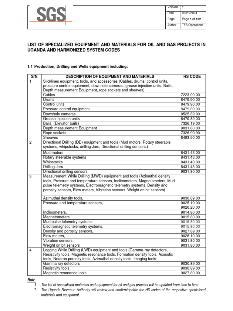 SGS CP Uganda List of Specialised Materials and Equipment for Oil and ...