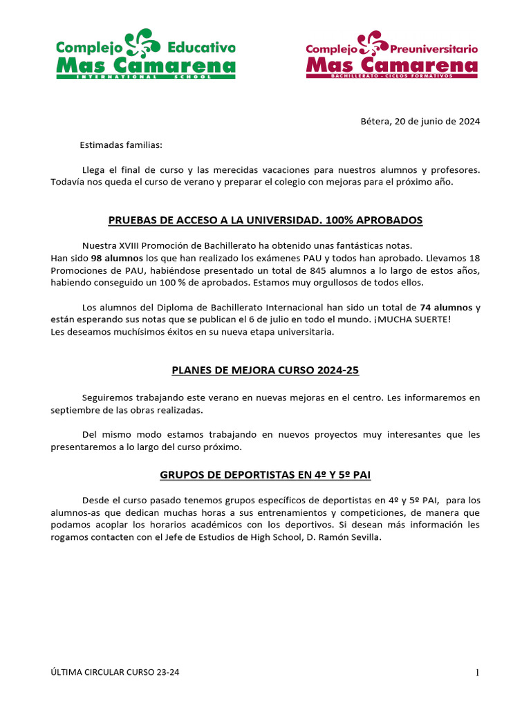 U Ltima Circular Del Curso 23-24 | PDF