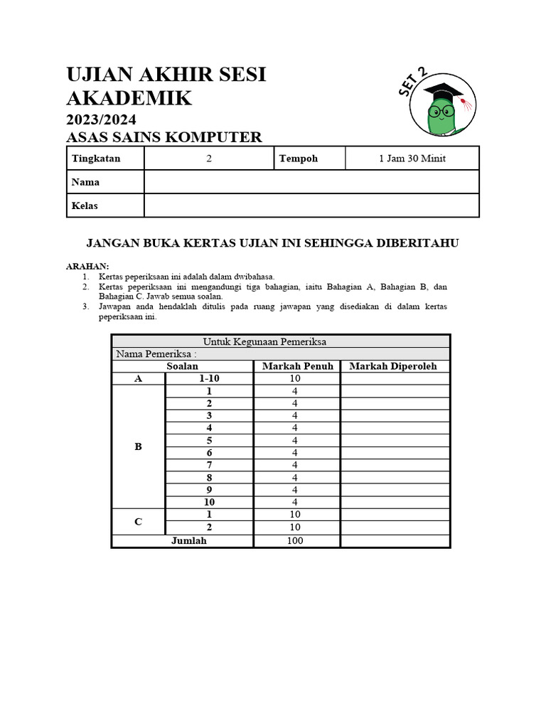 TP1874 - 2 Set Ujian Akhir Sesi Akademik Asas Sains Komputer Tingkatan 2 Uasa Sesi 2023-20244 | PDF