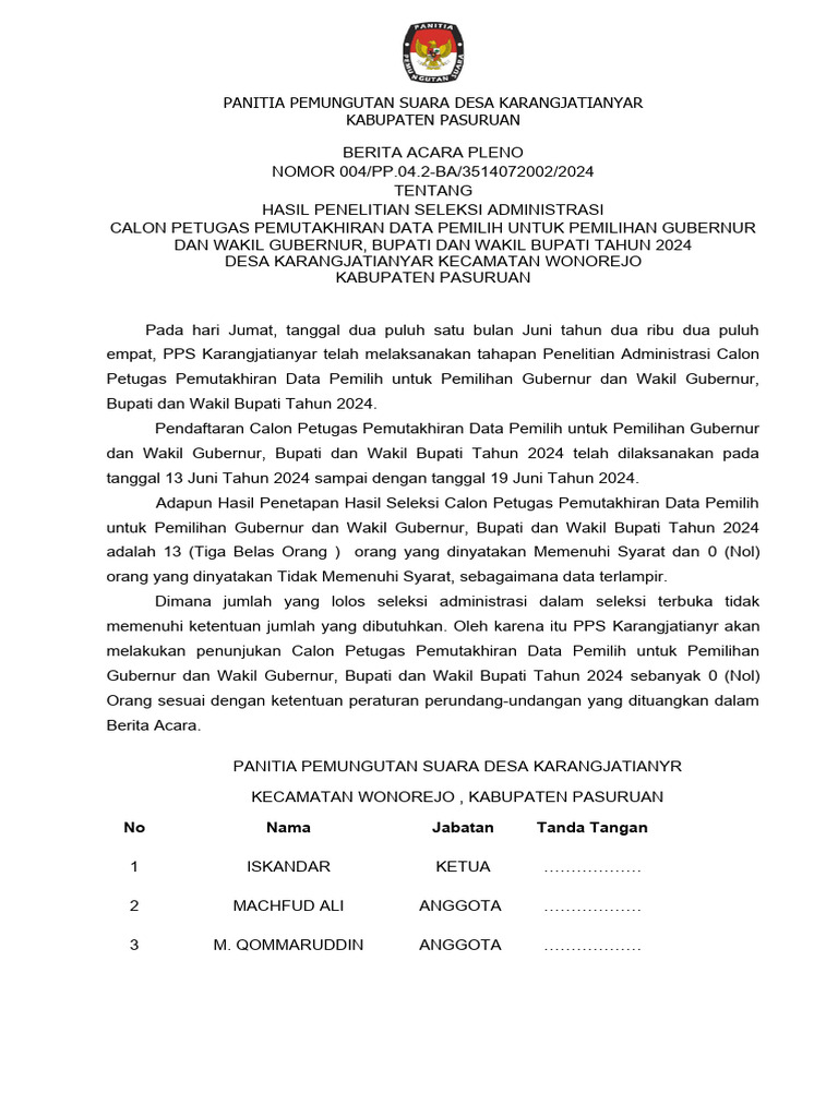 Berita Acara Hasil Penelitian Administrasi Pantarlih Pilkada 2024 | PDF