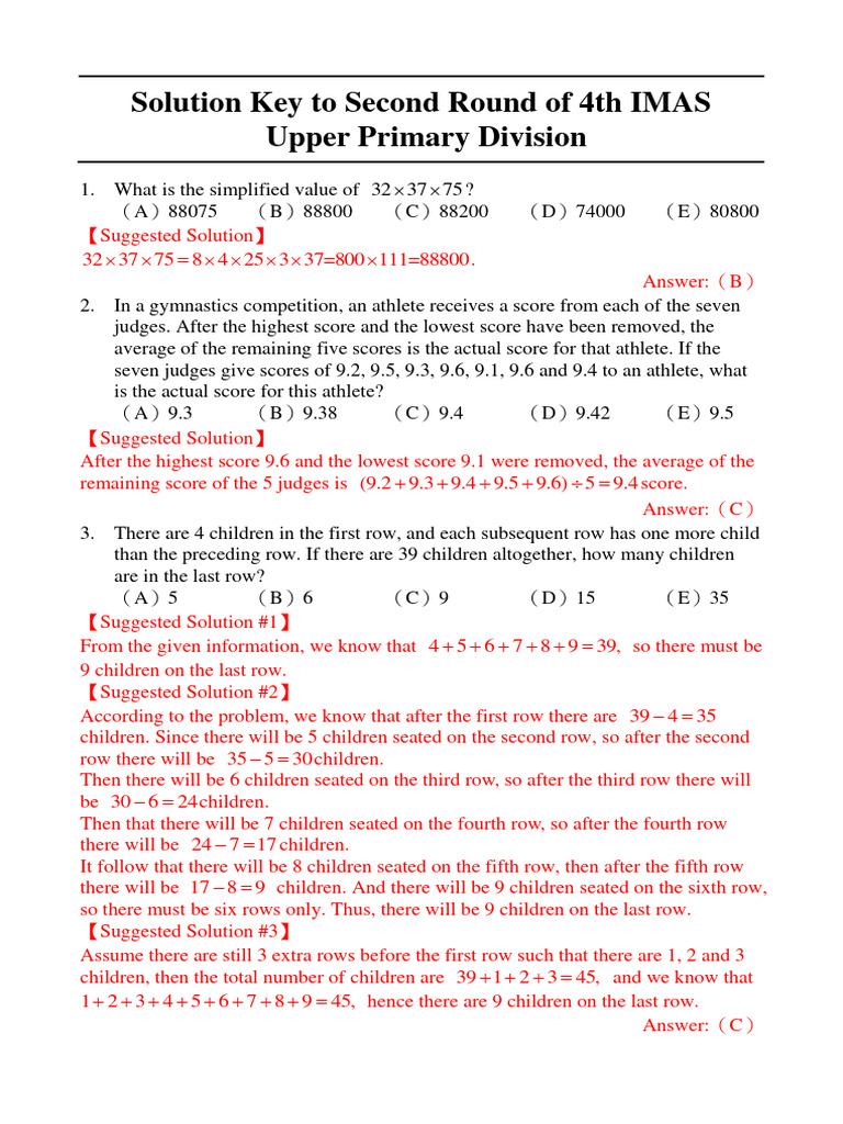 IMAS 4th Round Solutions for Upper Primary | PDF | Triangle | Mathematics