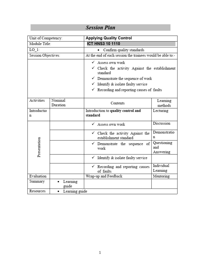 Session Plan For Applying Quality Control | PDF | Educational ...