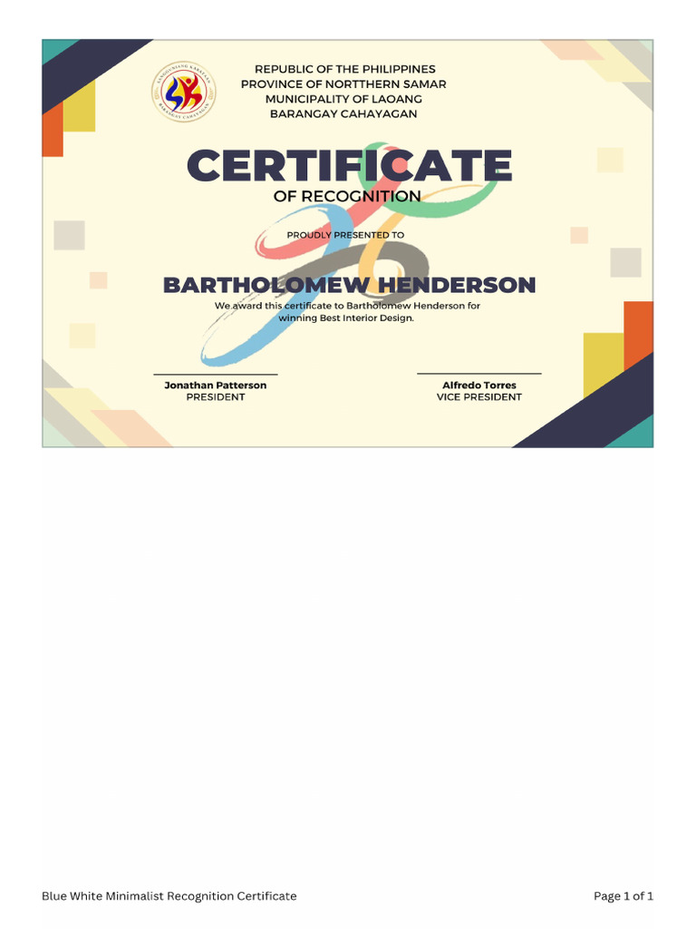 Blue White Minimalist Recognition Certificate | PDF