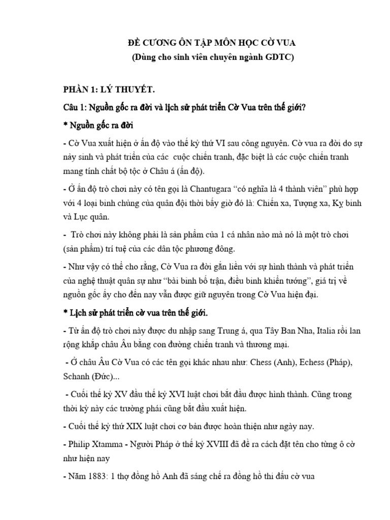 Đề Cương Ôn Tập Môn Học Cờ Vua | PDF