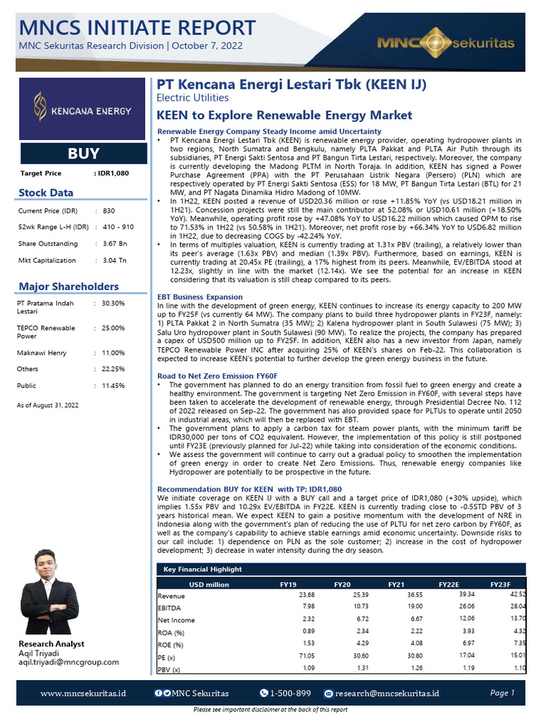 KEEN IJ - MNC Sekuritas Equity Report (071022) | PDF | Hydroelectricity ...