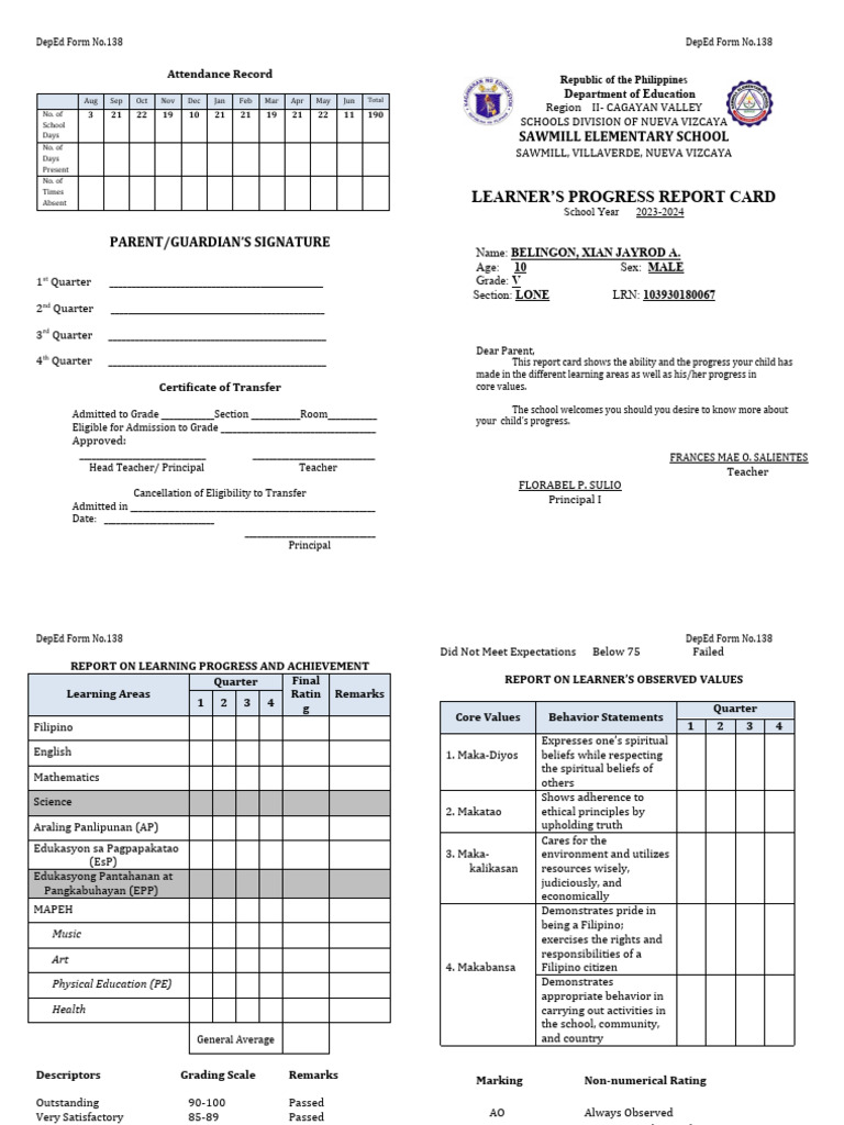 SF 9 - ES ( (Learner's Progress Report Card) GR1-GR2 | PDF