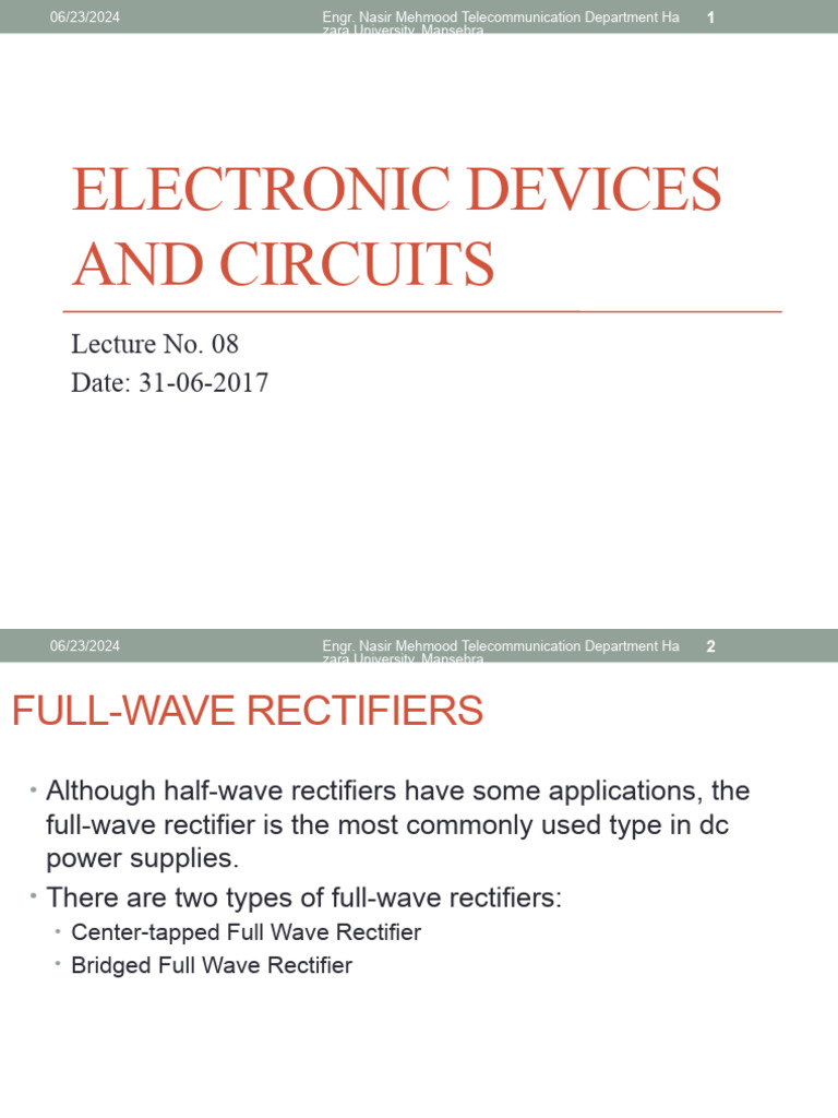 Lecture # 08 - Power Supply-Full Wave Rectifier | PDF | Rectifier | Computer Engineering