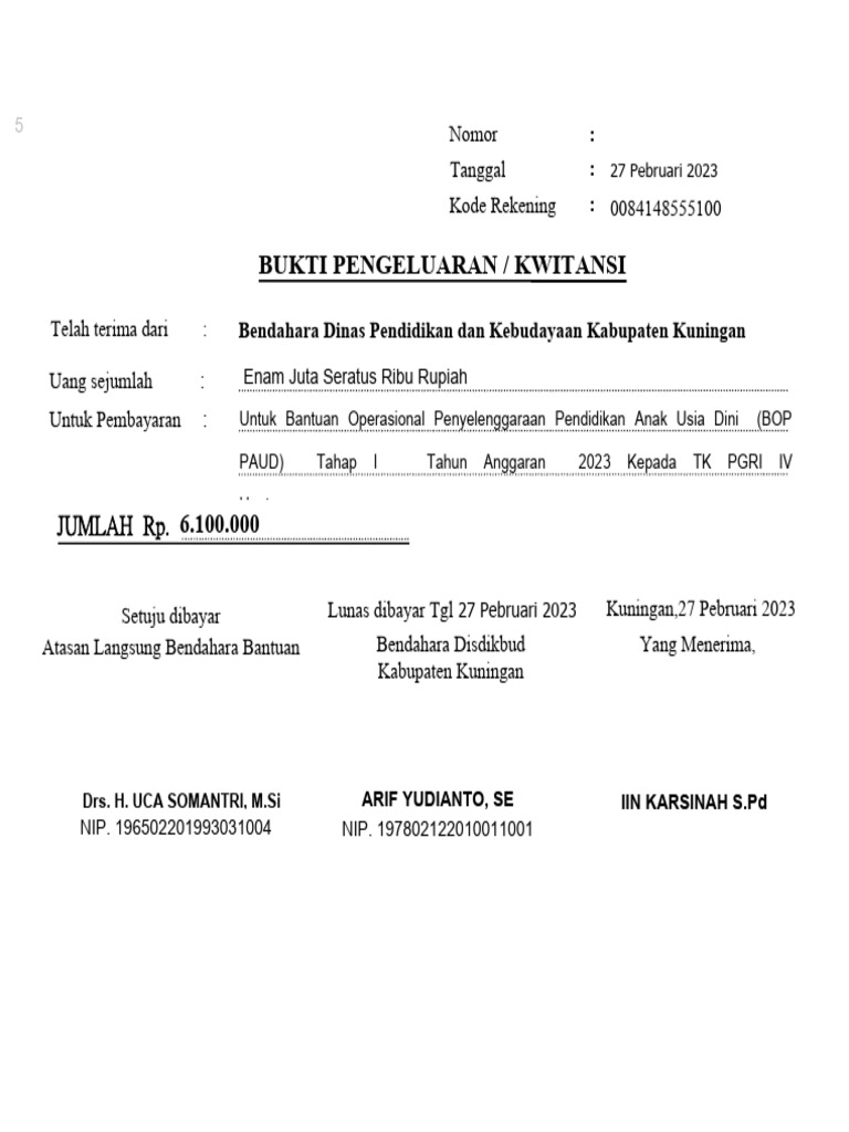 Kwitansi NPHD BOP PAUD Tahap 1 Tahun 2023 | PDF