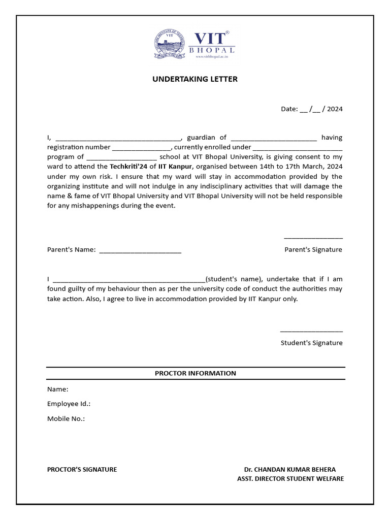 VIT Bhopal Undertaking Letter - Techkriti 2024 | PDF