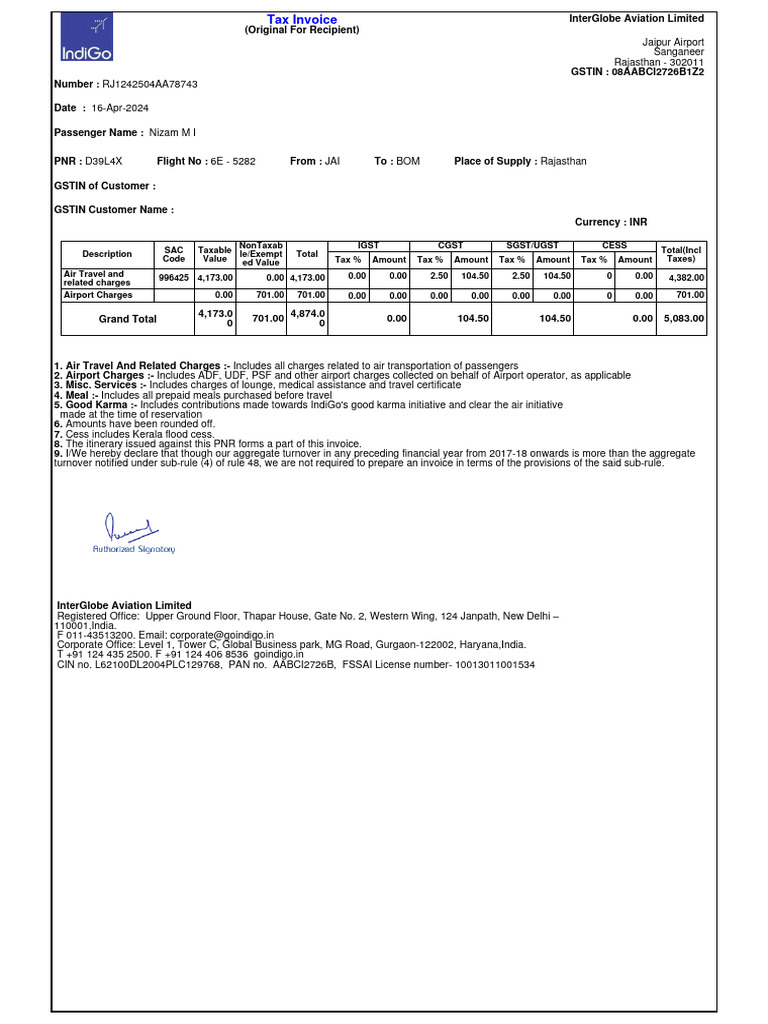 Tax Invoice RJ1242504 AA78743 | PDF | Airport | Economies