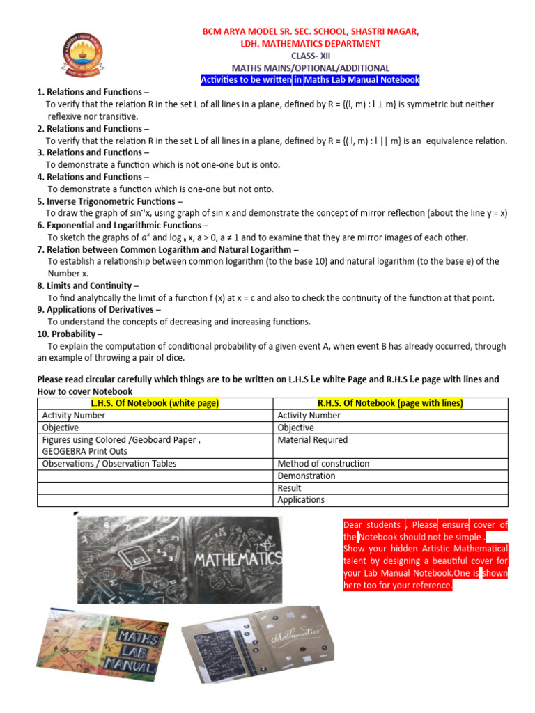Class 12 Maths Lab Activities Guide | PDF | Function (Mathematics ...