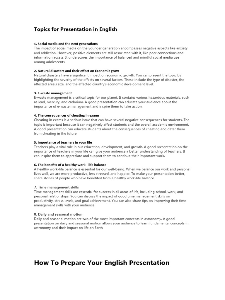 Topics For Presentation in English | PDF | Social Media | Popular ...