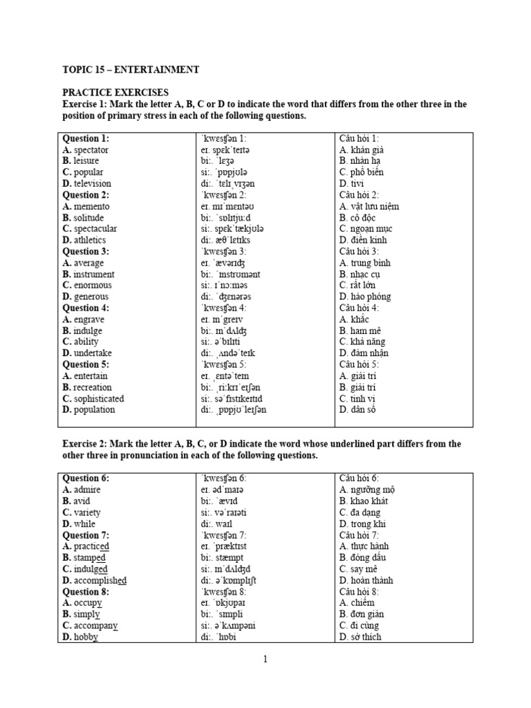 Topic 15 Entertainment - PNT Da Chinh Sua - Trang | PDF | Books | Leisure