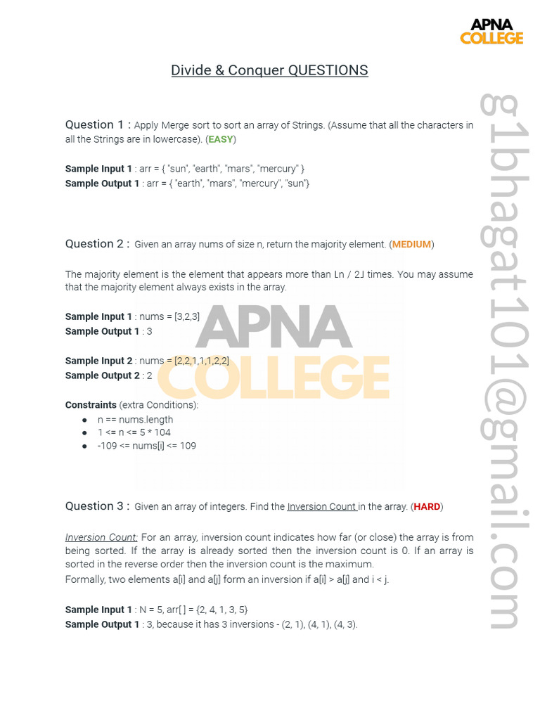 Divide And Conquer Questions Pdf