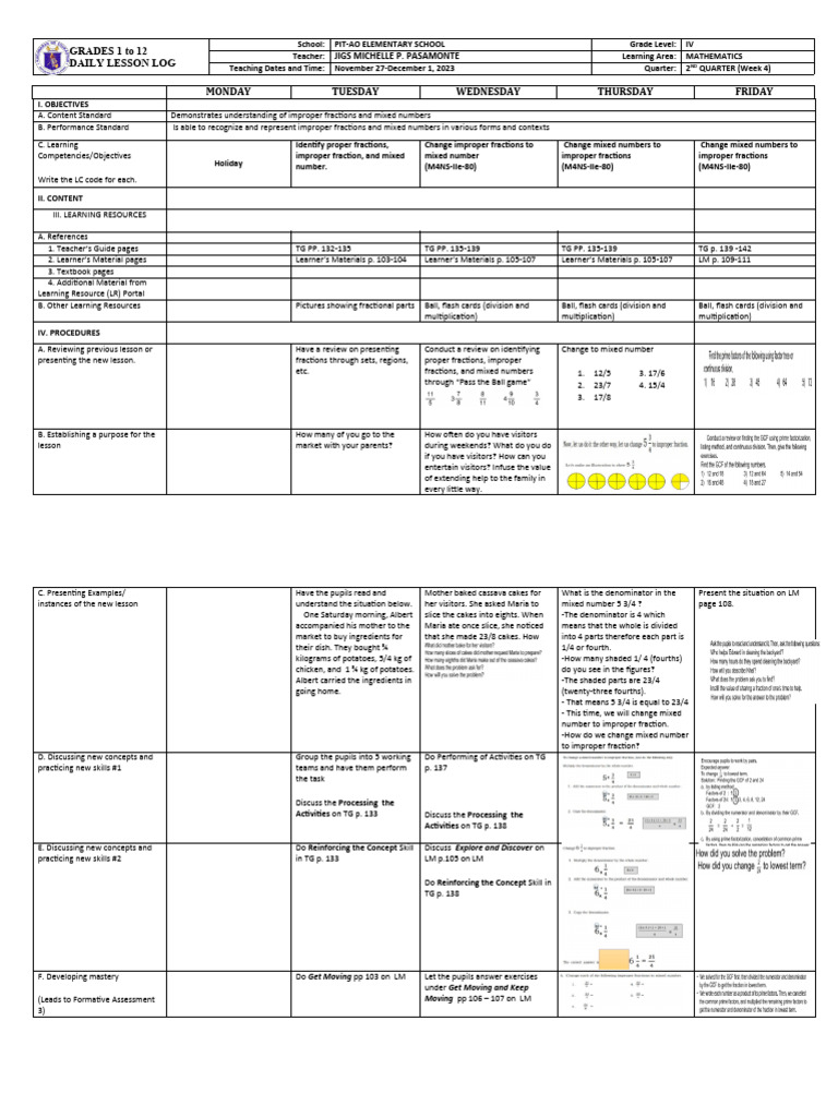 DLL Mathematics-4 Q2 W4 | PDF | Learning | Behavior Modification